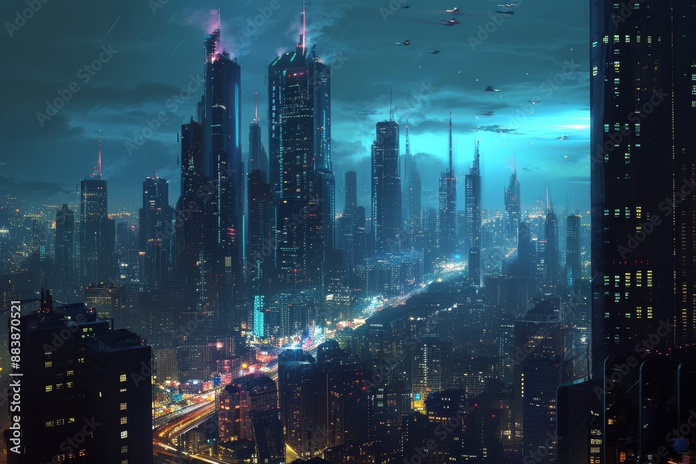 Nighttime view of a futuristic city with glowing buildings and advanced ...