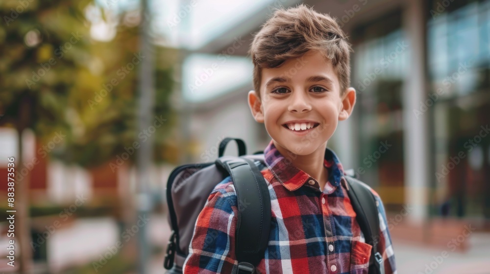 first day at school, Smiling Boy Elementary School Pupil Outdoors With ...