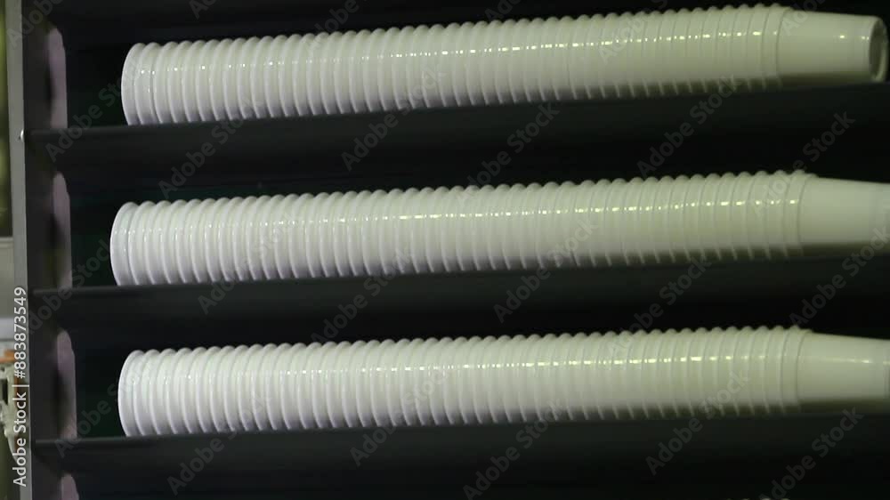 Stacks of plastic cups on a conveyor belt at plastic recycling factory ...