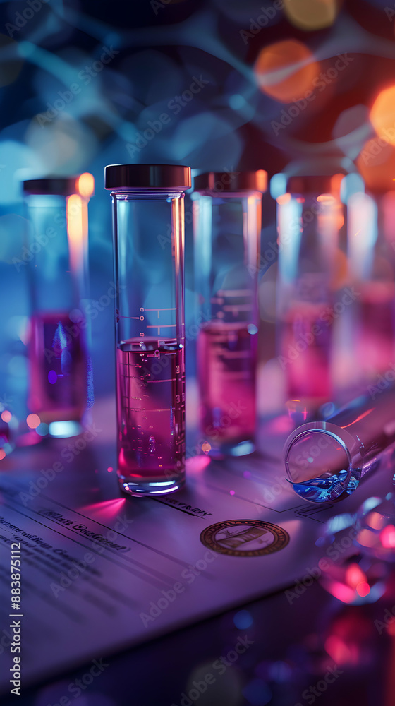 Scientific Test Tubes with Certificate and Seal on Dreamy Background ...