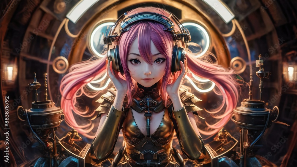 Beautiful anime girl floating in space with stars, listening to lofi ...