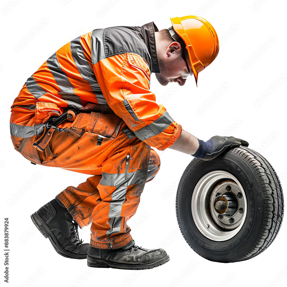 Construction worker in safety gear handling a tire, demonstrating ...