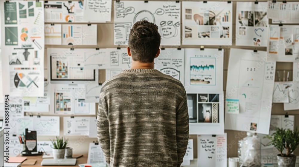 Man analyzing complex data on wall charts - Rear view of a man ...