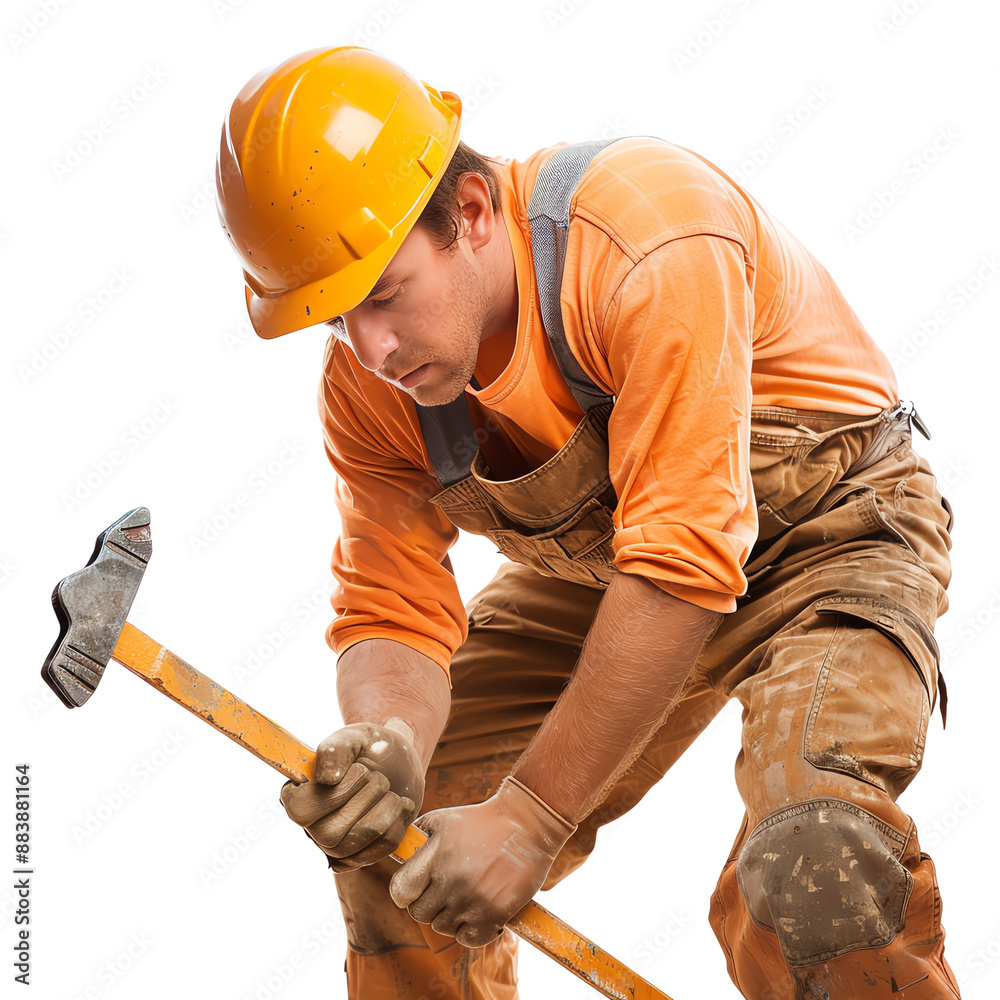 Construction worker wearing a hard hat and safety gear using a ...