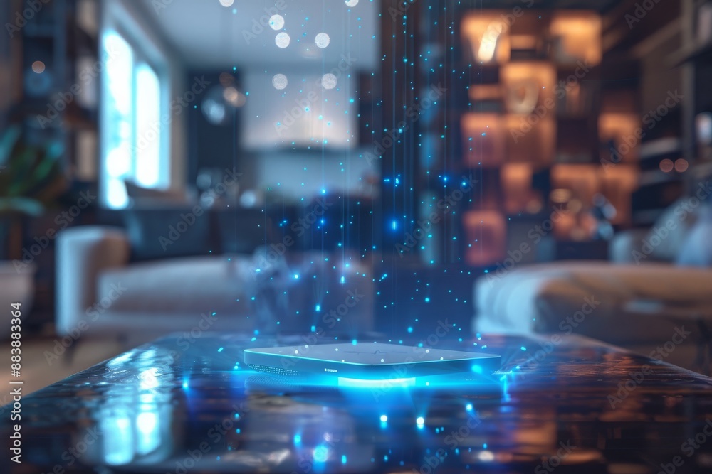 A modern living room with a sleek, futuristic design. The centerpiece ...