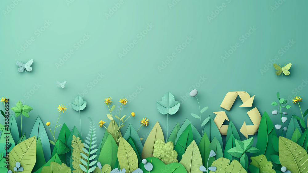 Papercraft Green Recycling Symbol Surrounded by Paper Flowers and ...