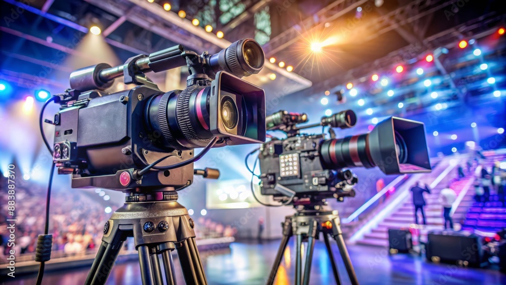 Professional broadcast TV camera setup on tripod, capturing high ...