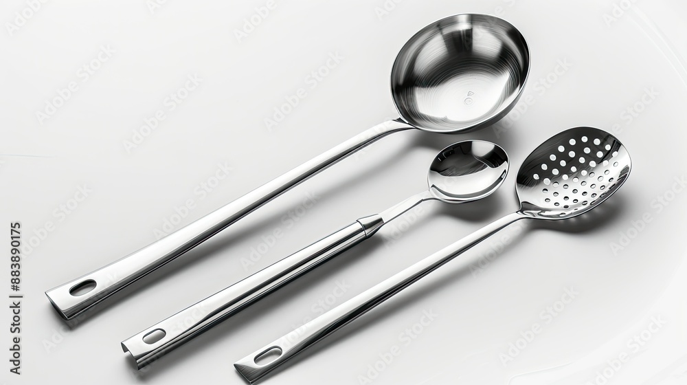 Stainless steel kitchen utensils on pure white background, sleek and ...