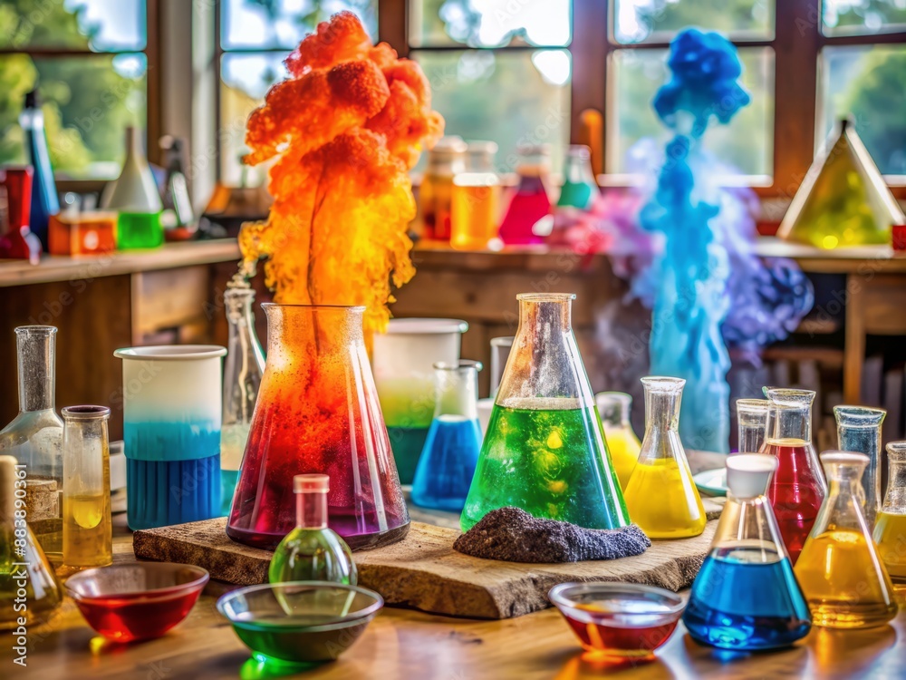 Colorful beakers, DIY volcano, and repurposed household items clutter a ...
