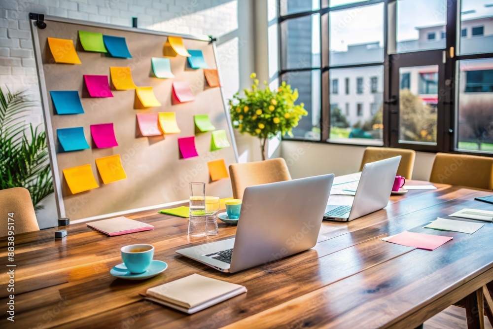 Colorful sticky notes, whiteboard, and laptops scattered on a modern ...