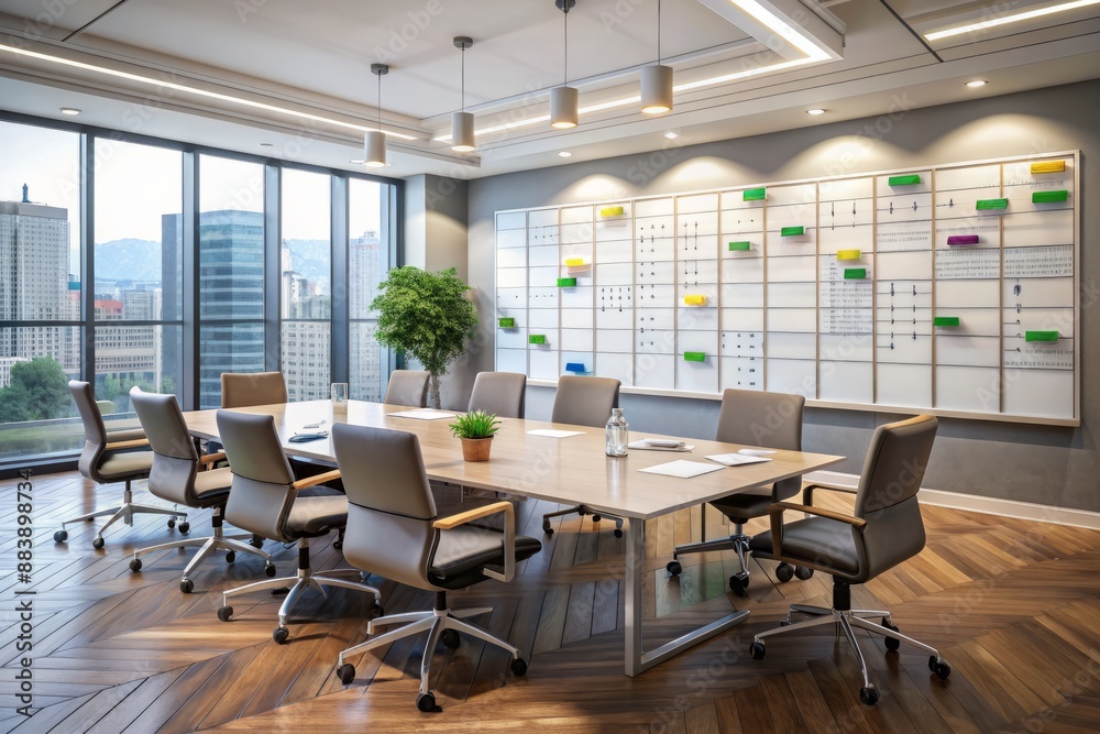 A modern conference room with a large whiteboard showing a complex ...
