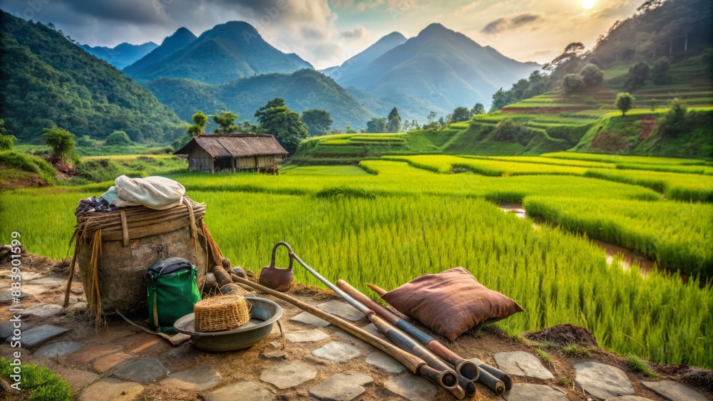 ภาพประกอบสต็อก Rural Vietnamese landscape showcasing lush green rice ...