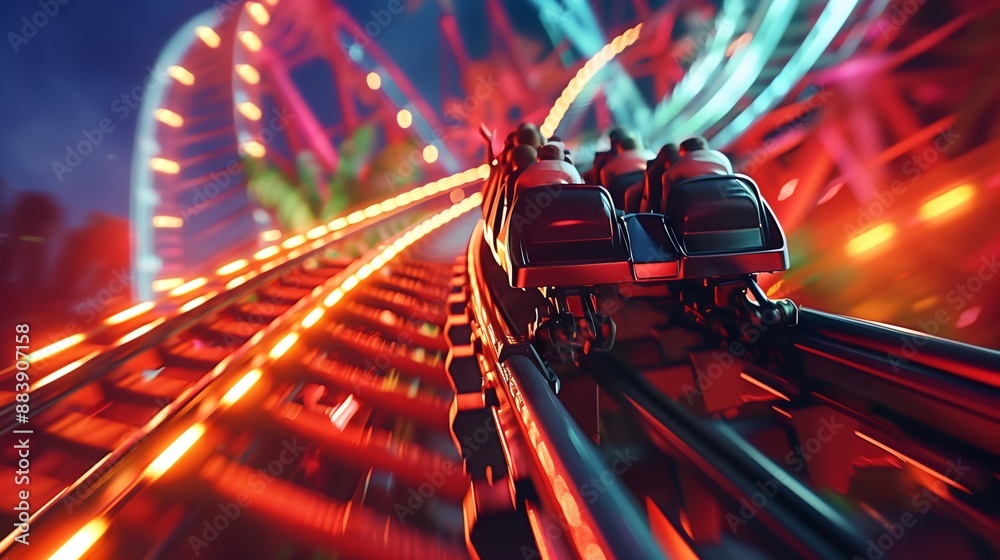 Extreme and fast speed rollercoaster or Luna Park in night, with lights ...