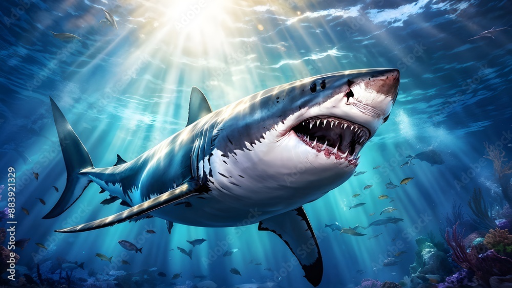 Great white shark mouth agape revealing a multitude of serrated teeth ...