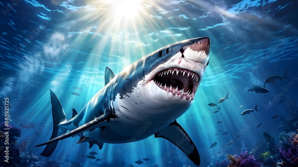 Great white shark mouth agape revealing a multitude of serrated teeth ...