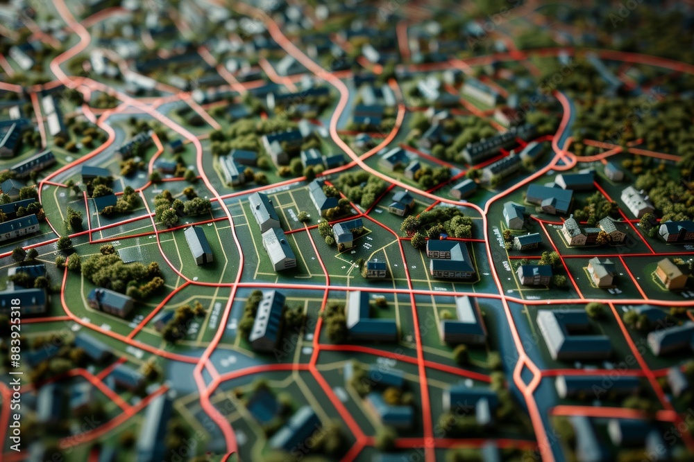 A digital map showing lines indicating delivery routes and progress ...
