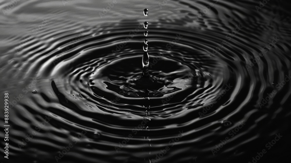 In the dimness, a single water droplet creates ripples, forming an ...