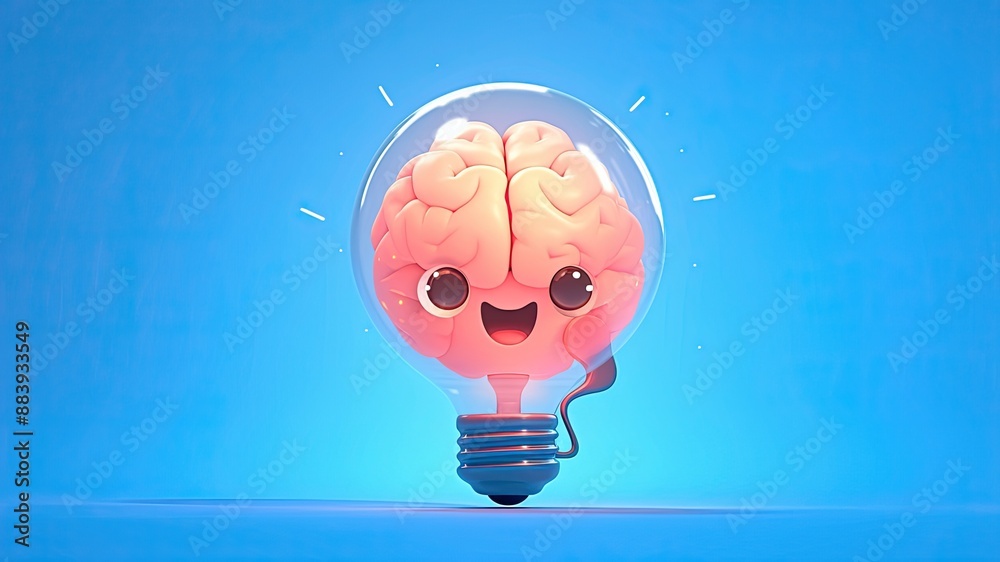 Happy lightbulb with a brain inside, smiling eyes, on a blue background ...