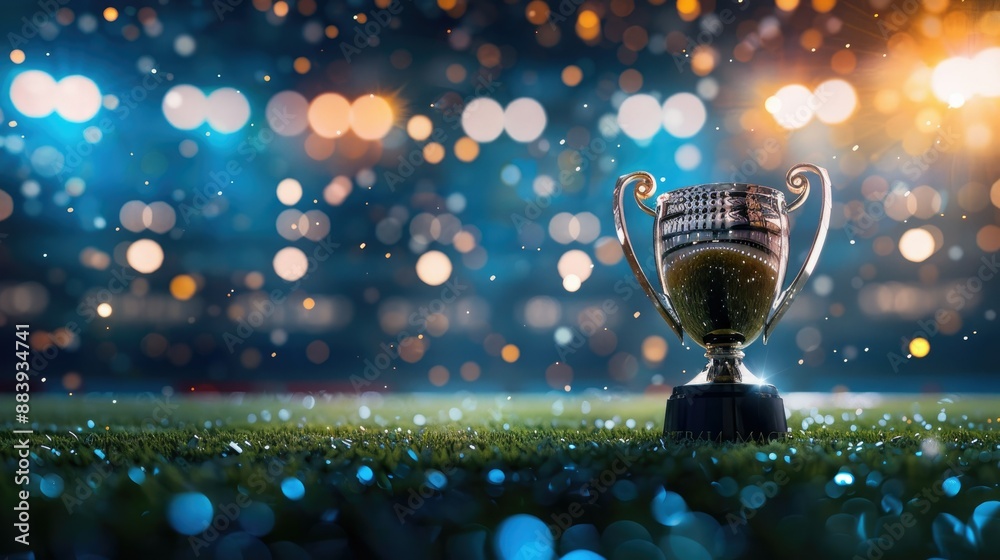 Gleaming trophy on a soccer field under sparkling stadium lights ...