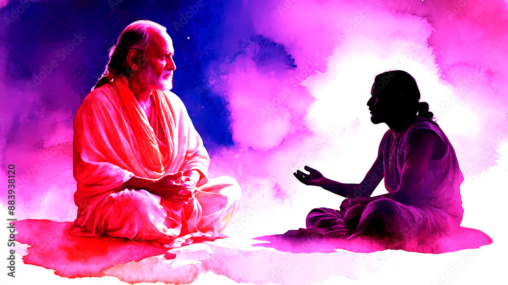 Watercolor illustration for guru purnima with a silhouette of guru with ...