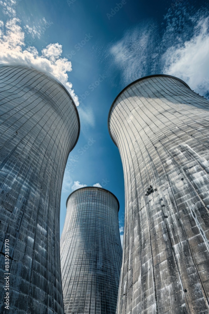 Cooling towers of a nuclear power plant, towering structures emitting ...