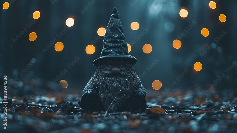 Mystical gnome with wizard hat in enchanted forest, illuminated by ...