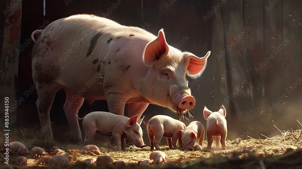 nursing her piglets, their tiny tails wagging as they feed. Stock Photo ...