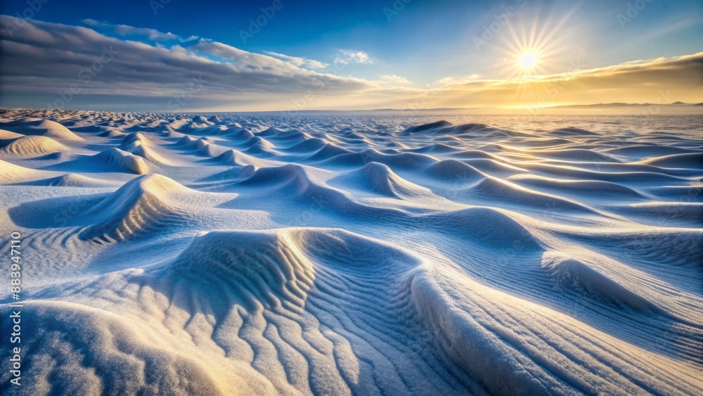 Frosty winter landscape featuring undulating waves of snow and ice on a ...