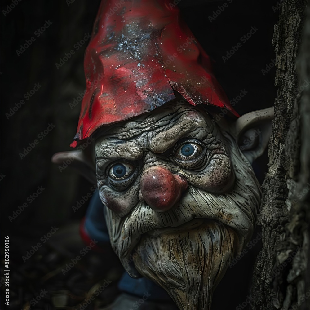 Vintage gnome statue with a red hat, haggard face, and deep blue eyes ...