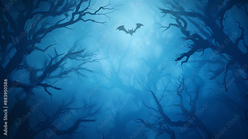 Spooky forest scene with eerie fog and a bat flying in the night sky ...