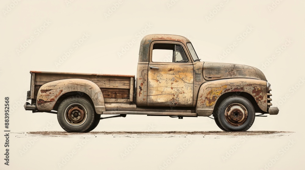 Vintage rusty truck side view against a neutral background. Classic old ...