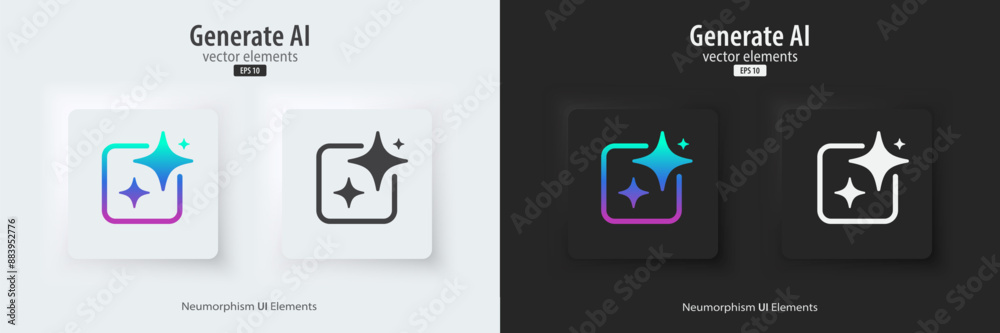Set of generative AI square buttons. Press the button to create ideas. Neumorphism design style ...