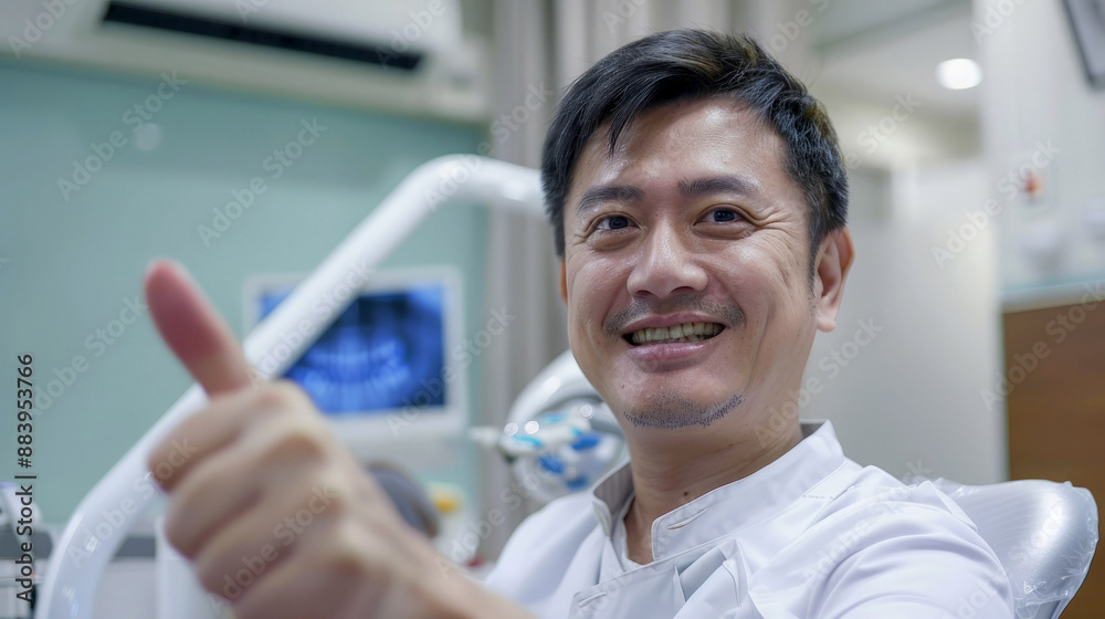 Smiling Asian male patient giving a thumbs up while sitting in a dental ...