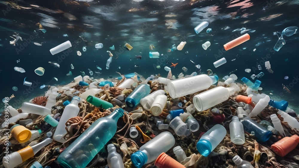 Ocean environmental pollution. Fish swims among plastic bottles, bags ...