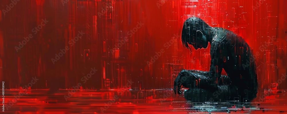 A lone figure with their head down hiding behind a screen filled with ...