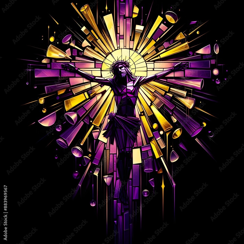 Purple and yellow illustration of Jesus Christ crucifixion on the cross ...