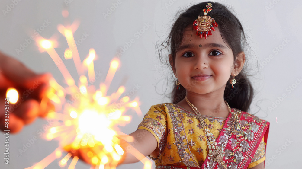 Cute indian little girl child holding fireworks stick in hand and ...