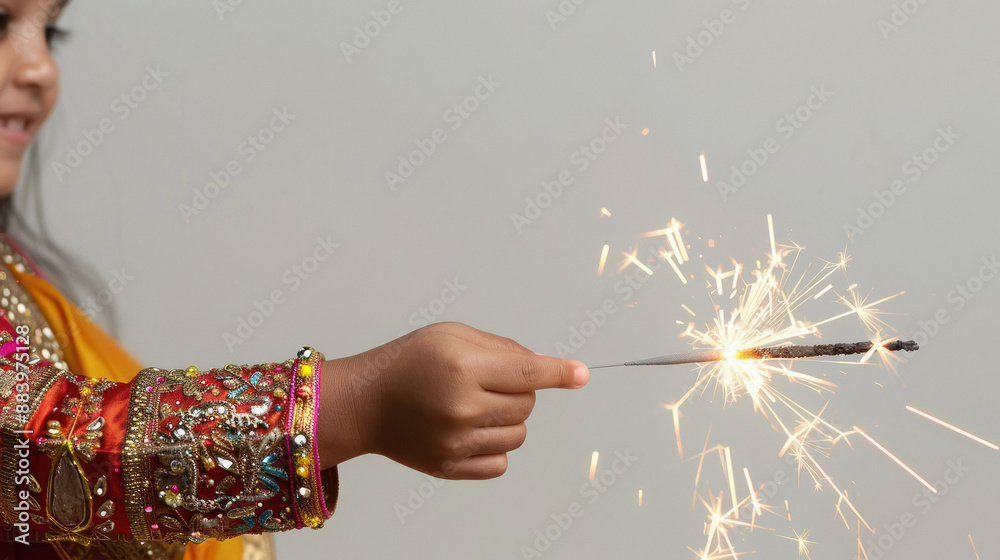 Cute indian little girl child holding fireworks stick in hand and ...