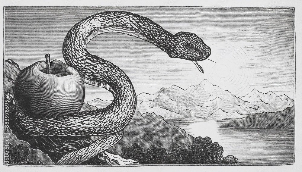 The Forbidden Fruit - The Red Apple of Garden of Eden - The Snake tempting Adam and Eve to Eat ...