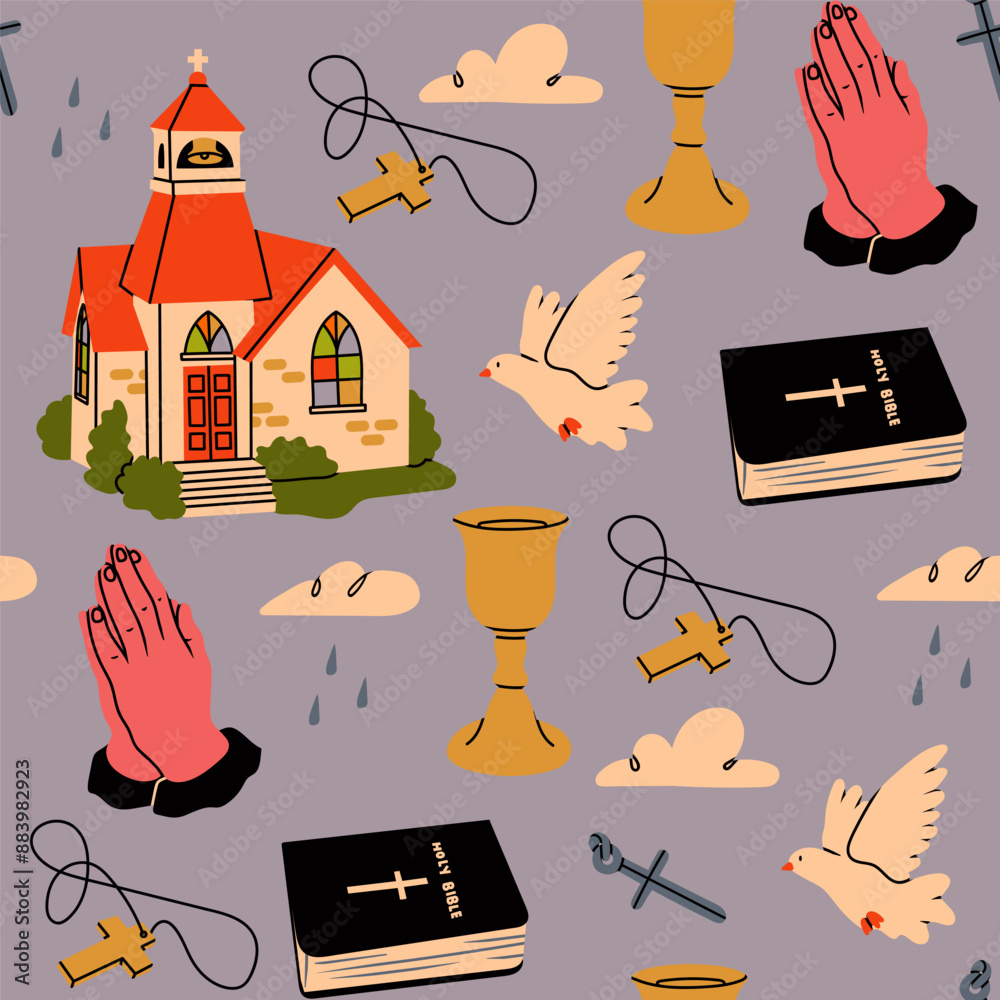 Catholic religious symbols. Various elements: chapel, praying hands ...