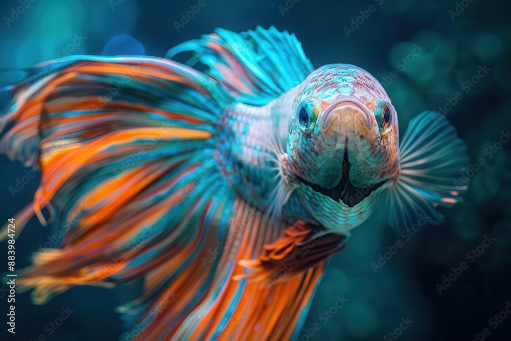 vivid closeup of a thai fighting fish iridescent scales flowing fins ...