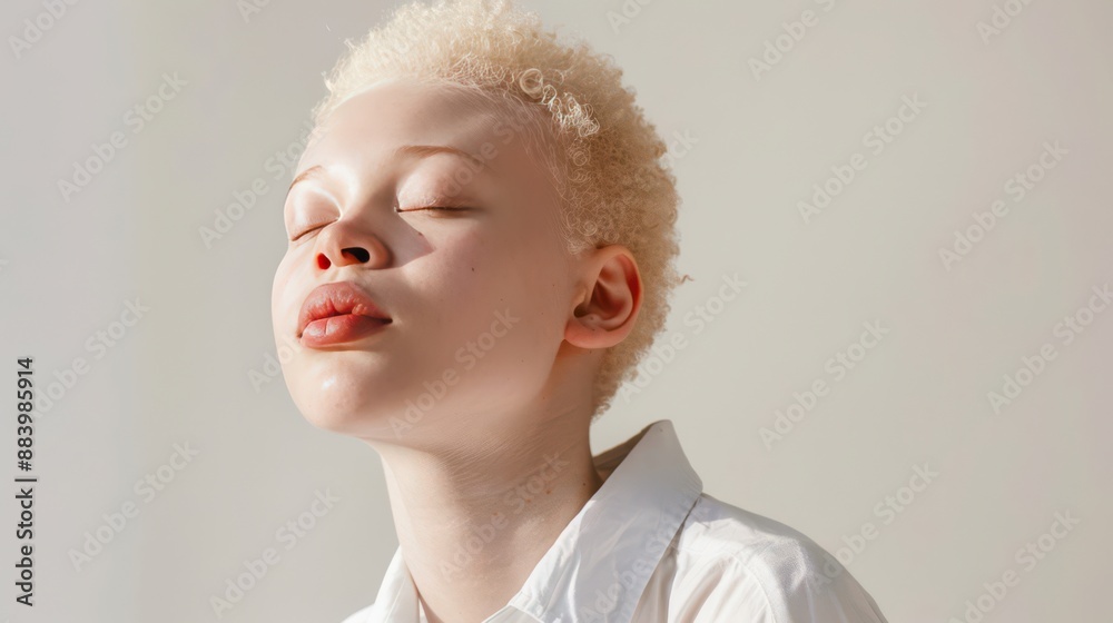 Pretty albino teenager, beautiful unique model in white lying on white ...