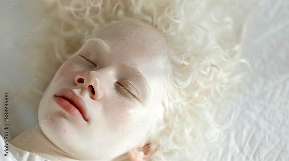 Pretty albino teenager, beautiful unique model in white lying on white ...