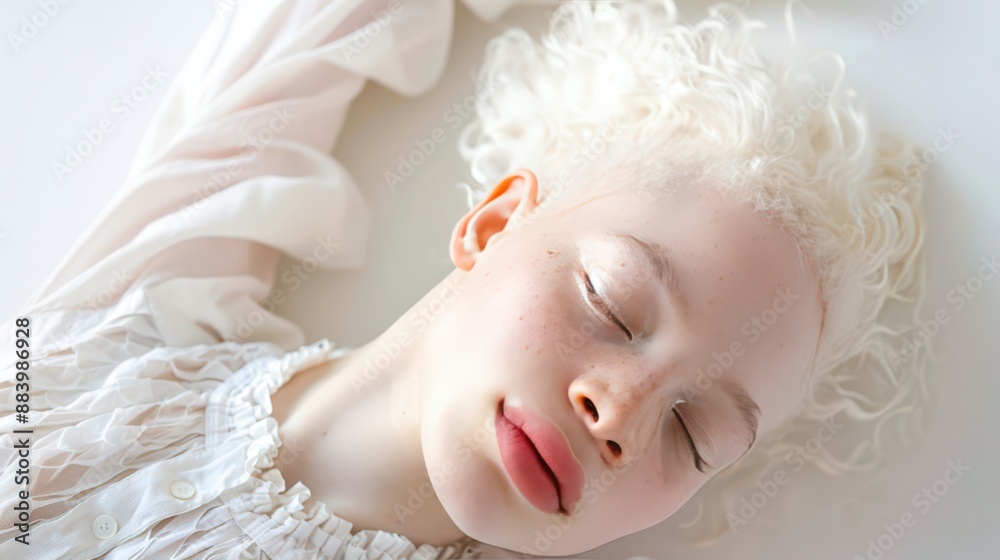 Pretty albino teenager, beautiful unique model in white lying on white ...