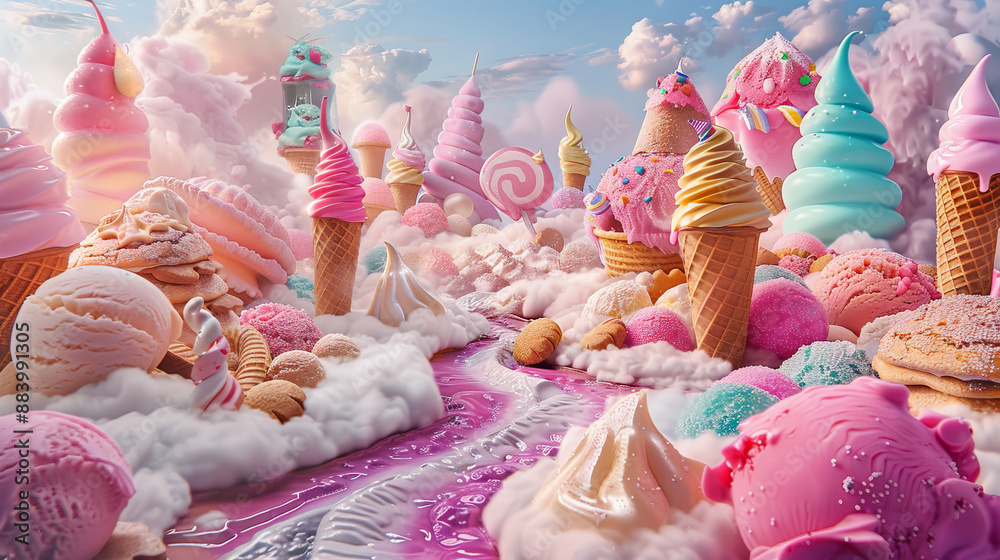 Bright and colorful ice cream cones, generously decorated with cream ...