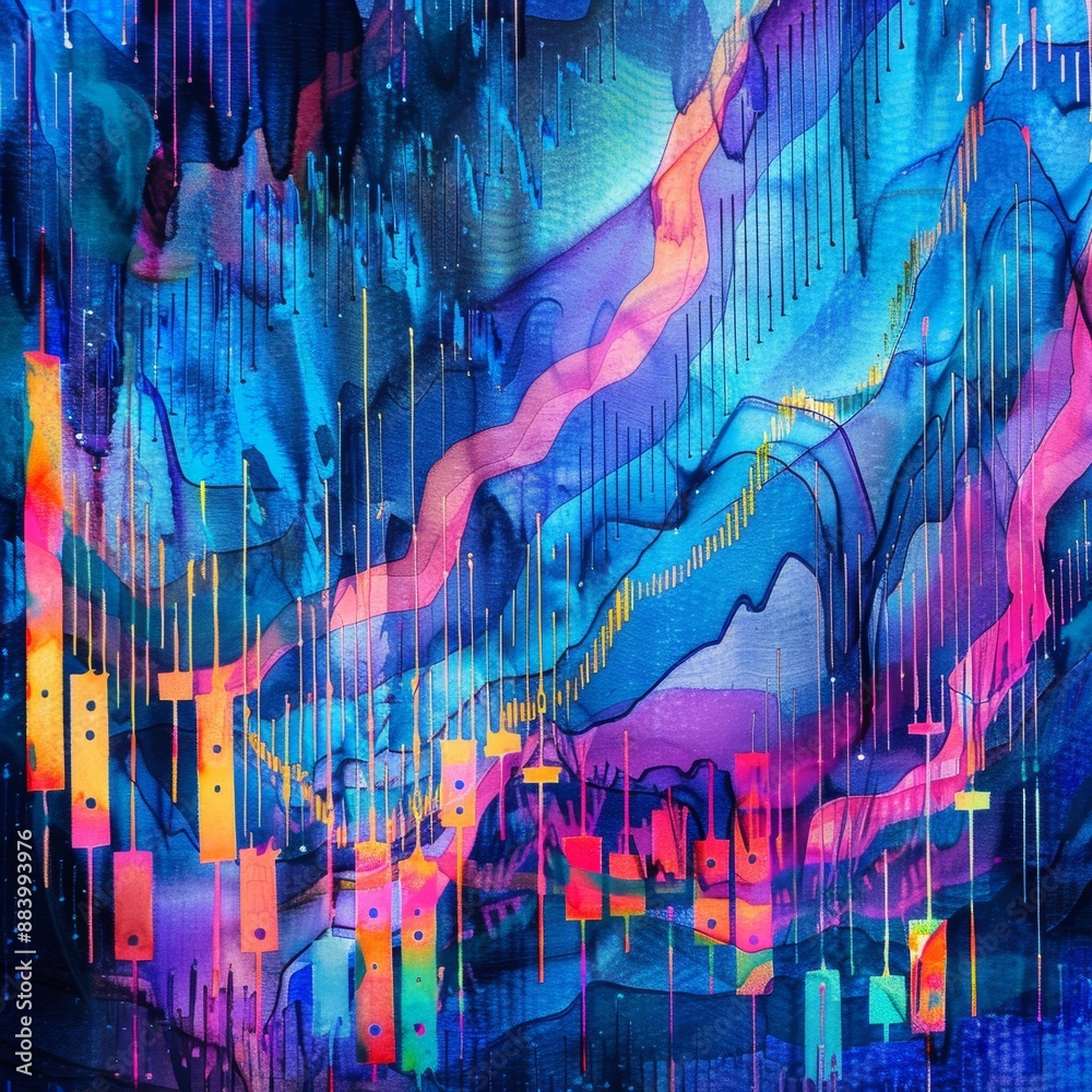 watercolor scene depicting forex trading with stocks and interest rates ...