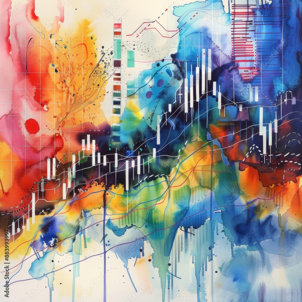 watercolor scene depicting forex trading with stocks and interest rates ...