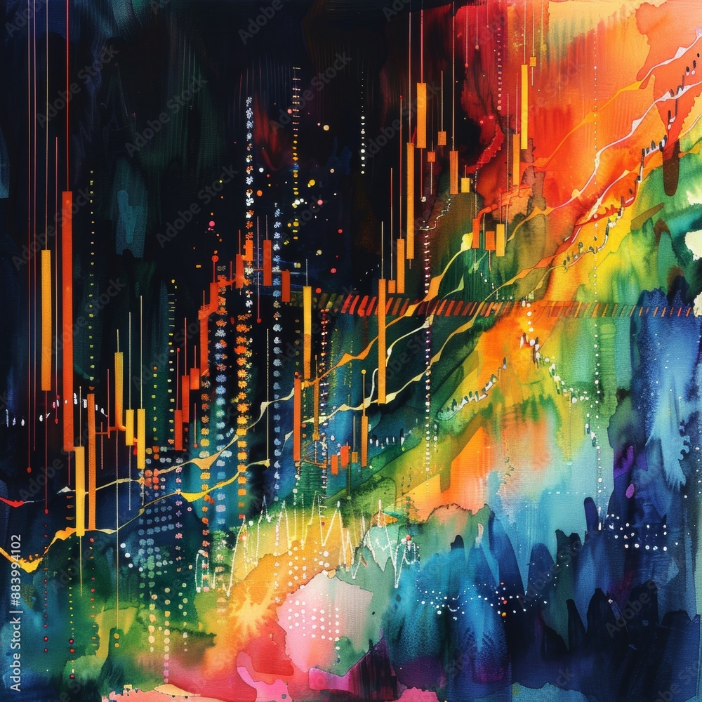 watercolor scene depicting forex trading with stocks and interest rates ...