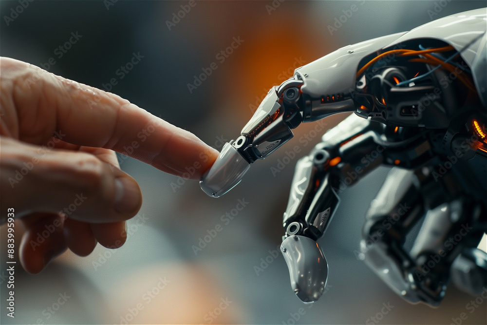 The scene where the artificial intelligence robot's index finger meets ...