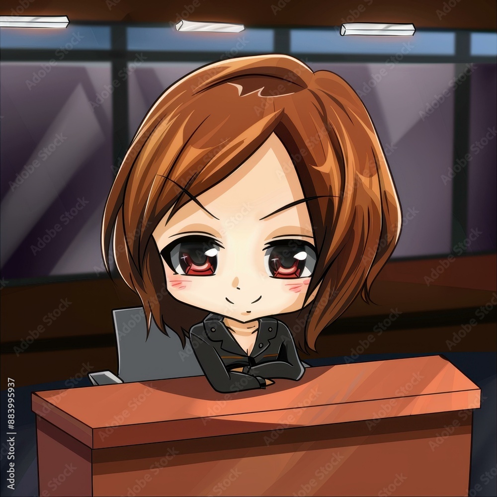 Cute yearold female chibi cartoon news anchor sitting behind a desk in ...